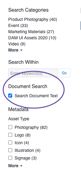 How is document text searched?